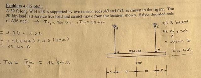 Solved Problem 4 (15 pts).: A 30 ft long W14x48 is supported | Chegg.com