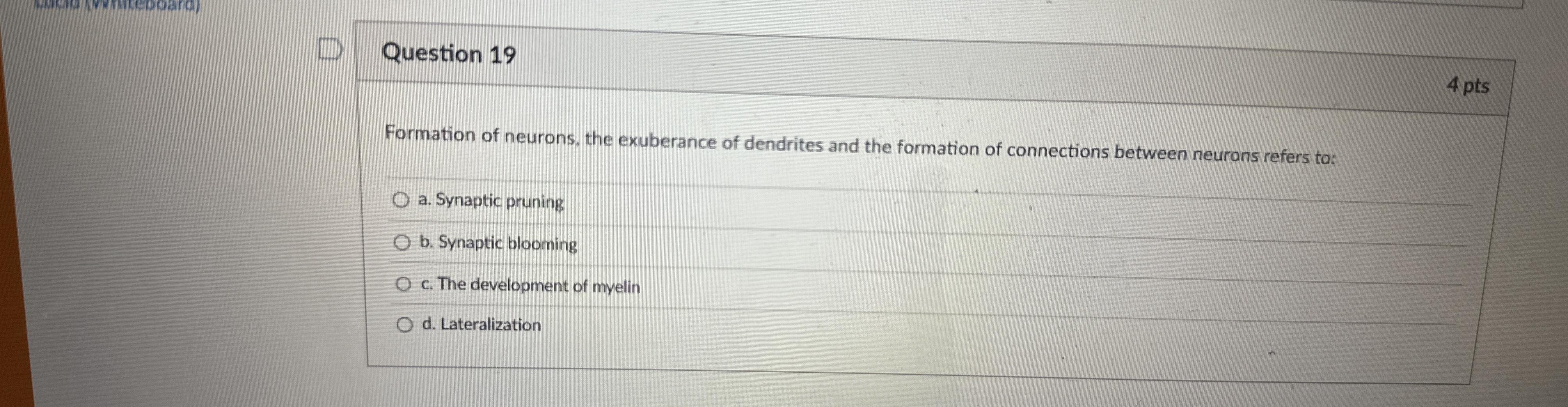 Solved Question 19Formation of neurons, the exuberance of | Chegg.com