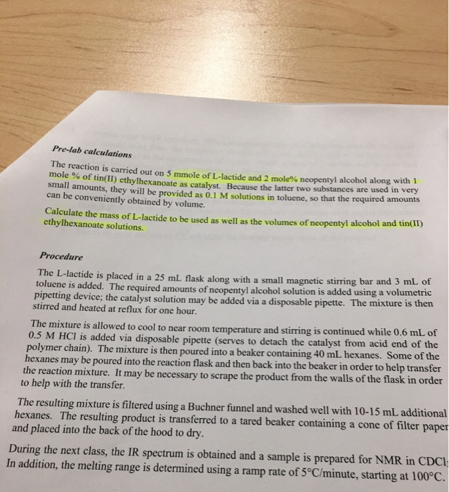 Solved Pre-lab calculations The reaction is carried out on 5 | Chegg.com