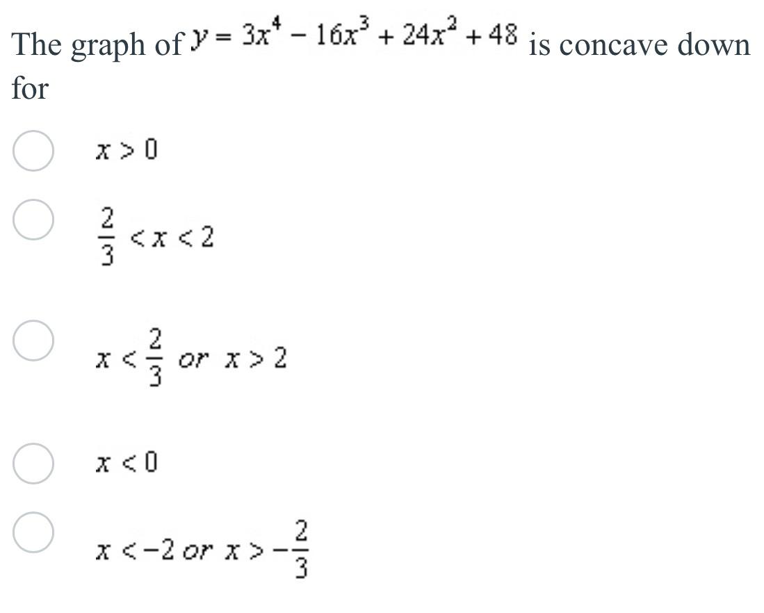 Solved The graph of y=3x4-16x3+24x2+48 ﻿is concave down | Chegg.com