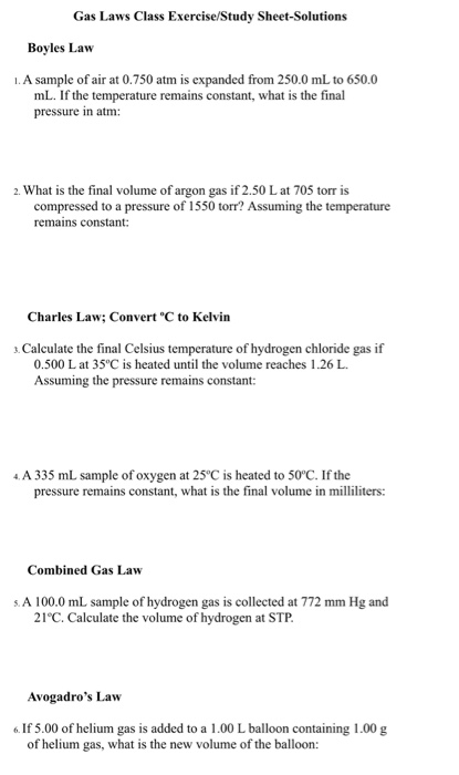 Solved Gas Laws Class Exercise/Study Sheet-Solutions Boyles | Chegg.com