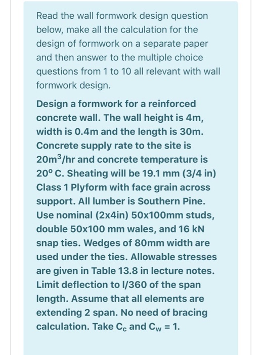 Read the wall formwork design question below, make | Chegg.com