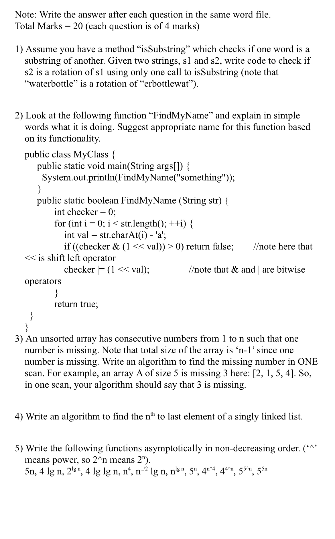 Solved Note: Write the answer after each question in the | Chegg.com