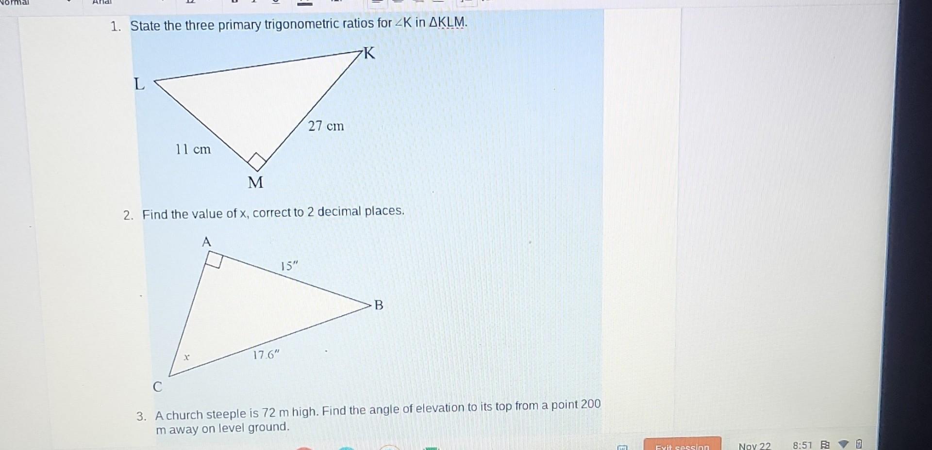 Solved 1. State the three primary trigonometric ratios for | Chegg.com