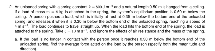 Solved 2. An unloaded spring with a spring constant k = 800 | Chegg.com
