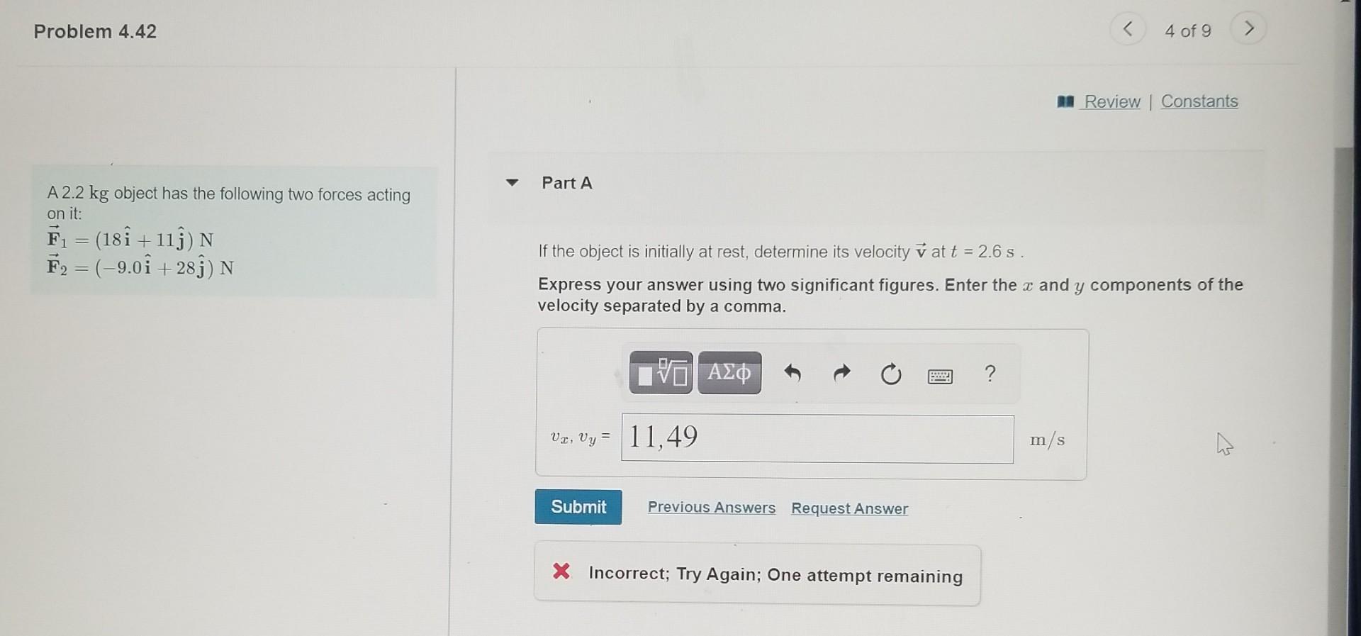 Solved Problem 4.42 4 of 9 a Review Constants Part A A 2.2 | Chegg.com