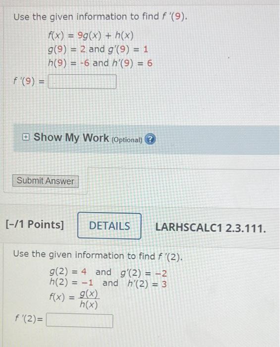 Solved Use the given information to find f′(9). | Chegg.com