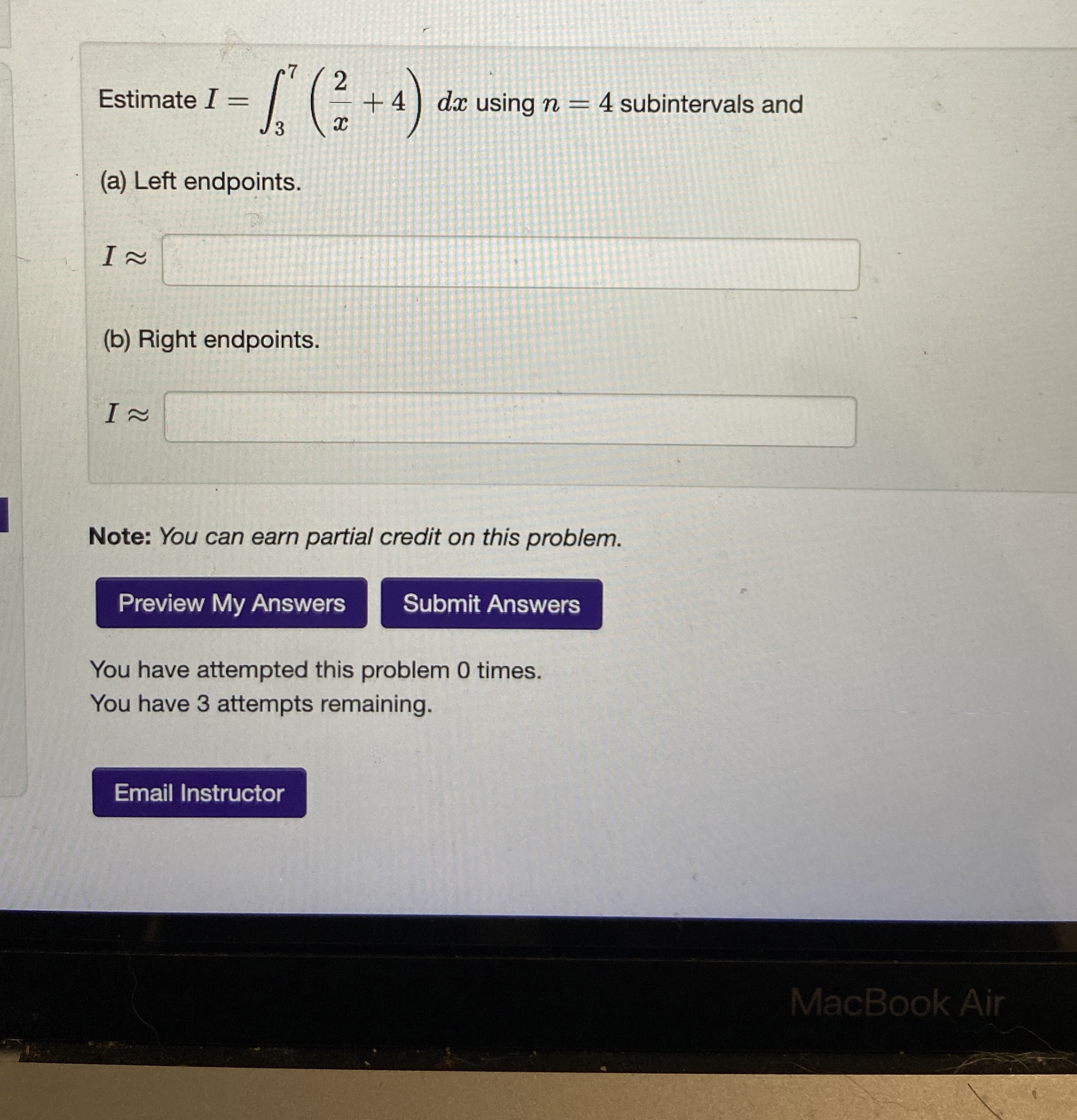 Solved Estimate I=∫37(2x+4)dx ﻿using n=4 ﻿subintervals | Chegg.com