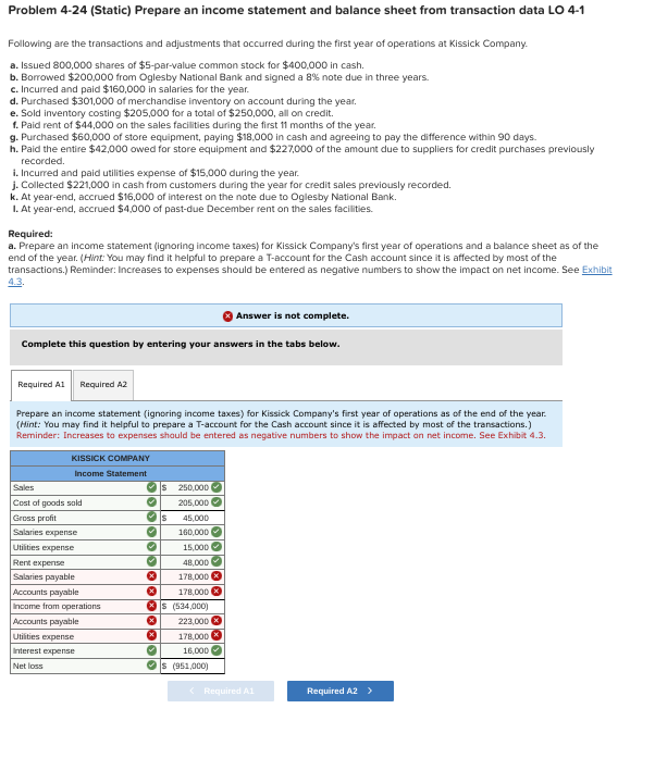 Solved Problem 4-24 (Static) ﻿Prepare an income statement | Chegg.com