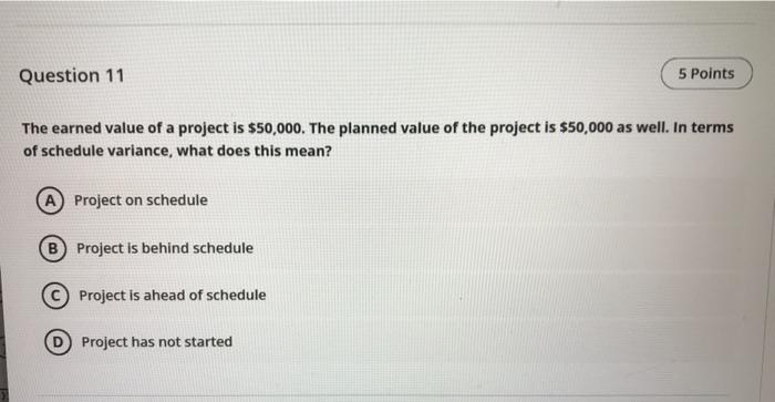 Solved The earned value of a project is $50,000. The planned | Chegg.com