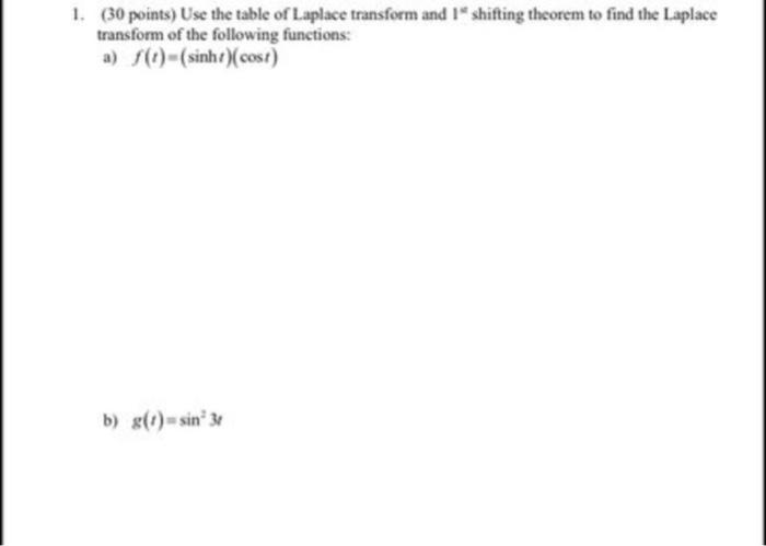 Solved 1. ( 30 points) Use the table of Laplace transform | Chegg.com