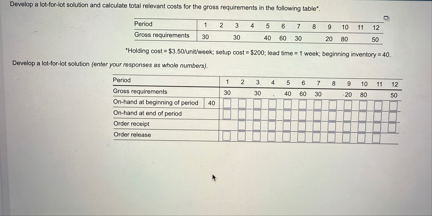 Solved Develop a lot-for-lot solution and calculate total | Chegg.com