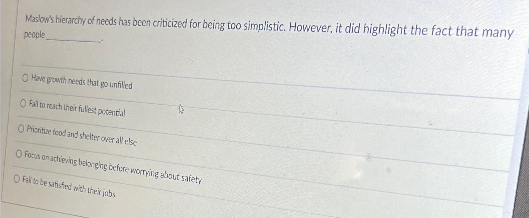 Solved Maslow's hierarchy of needs has been criticized for | Chegg.com