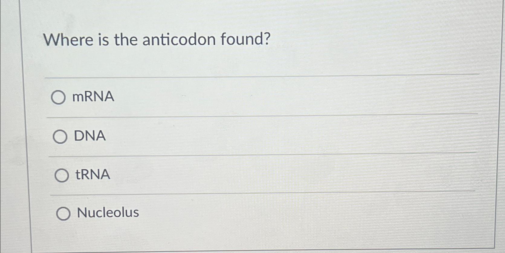 Solved Where is the anticodon found?mRNADNAtRNANucleolus | Chegg.com