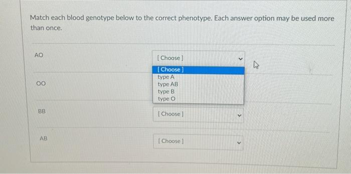 Solved Match each blood genotype below to the correct | Chegg.com