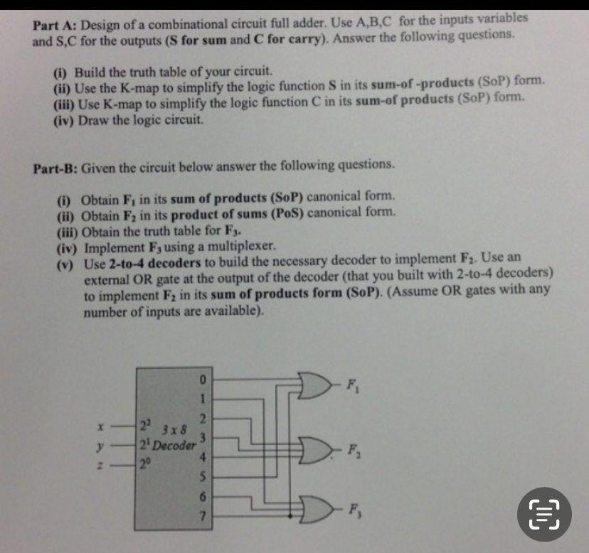 Solved Part A: Design of a combinational circuit full adder. | Chegg.com