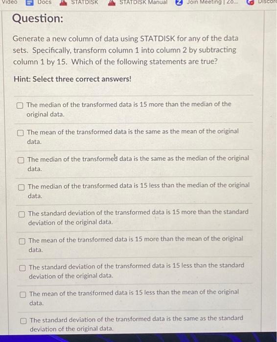 Solved Generate a new column of data using STATDISK for any | Chegg.com