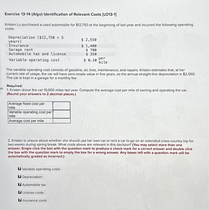 Solved Exercise 13-14 (Algo) Identification of Relevant | Chegg.com