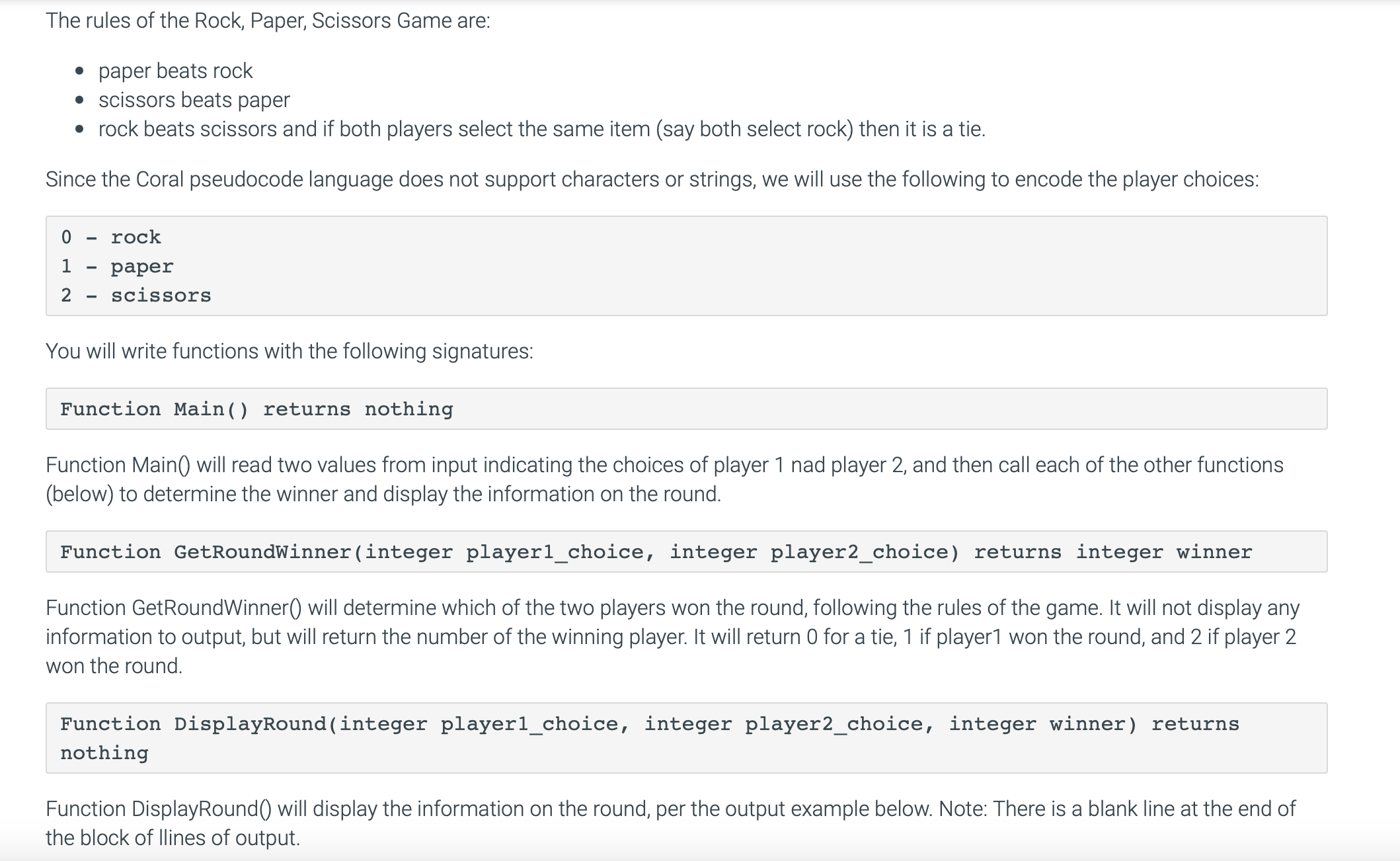 Solved IN CORAL LANGUAGE ONLY, Code a 2 ﻿player game of rock | Chegg.com