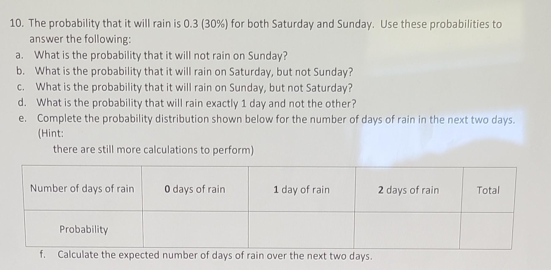 Solved 10. The probability that it will rain is 0.3(30%) for | Chegg.com
