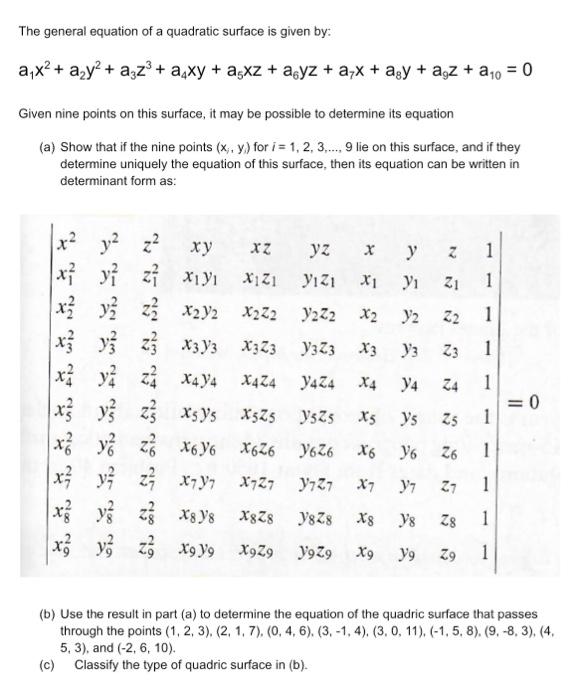 Solved The general equation of a quadratic surface is given | Chegg.com