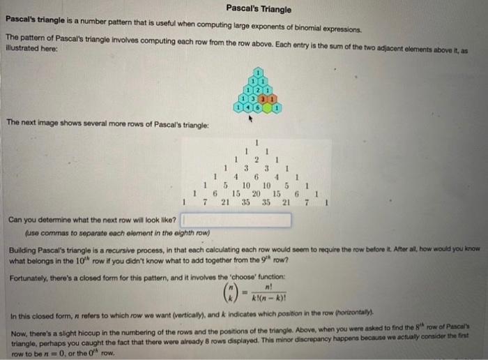 Solved Pascal's Triangle Pascal's triangle is a number | Chegg.com