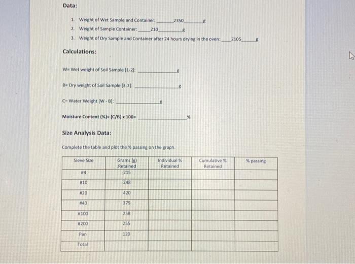 Solved 1. Weight of Wet Sample and Container: 2350 B. 2. | Chegg.com