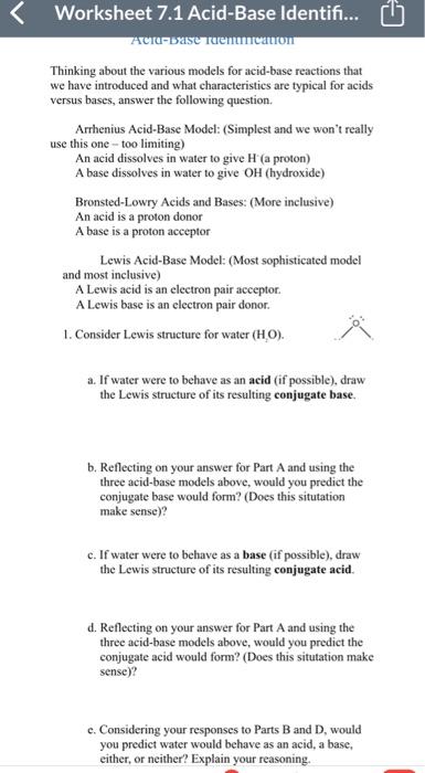 Thinking about the various models for acid-base | Chegg.com