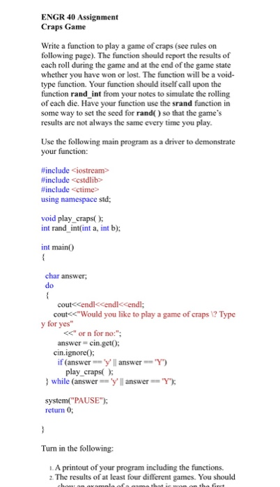 Solved Engr 40 Assignment Craps Game Write A Function To 4479