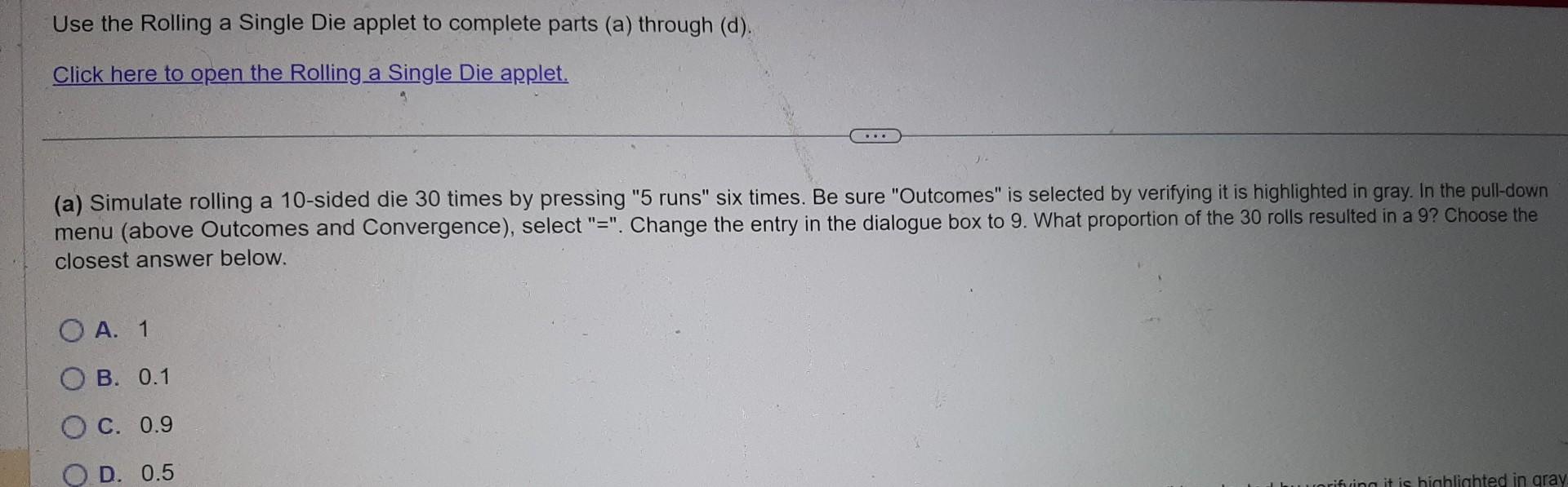 Use the Rolling a Single Die applet to complete parts | Chegg.com