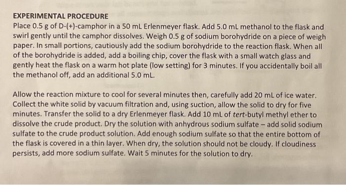 Solved Experiment 2: Reduction of (+)-D-Camphor The equation | Chegg.com