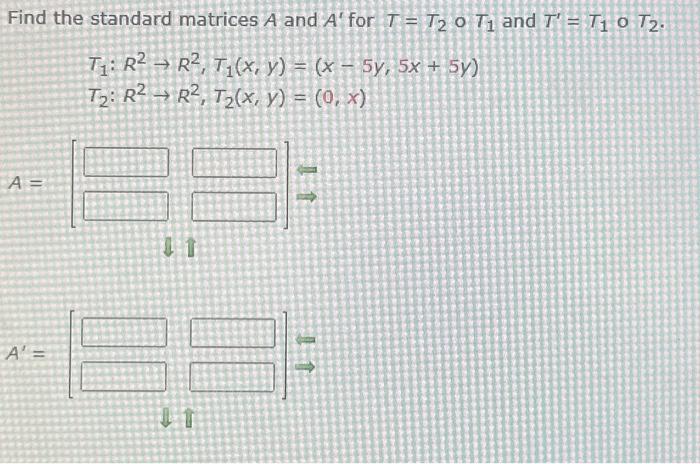 Solved Find the standard matrices A and A′ for T=T2∘T1 and | Chegg.com