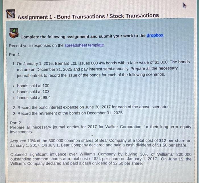 Solved Assignment 1 - Bond Transactions / Stock Transactions | Chegg.com