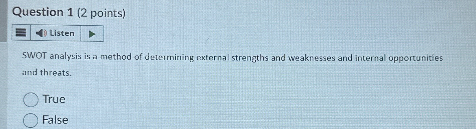 Solved Question 1 (2 ﻿points)SWOT analysis is a method of | Chegg.com