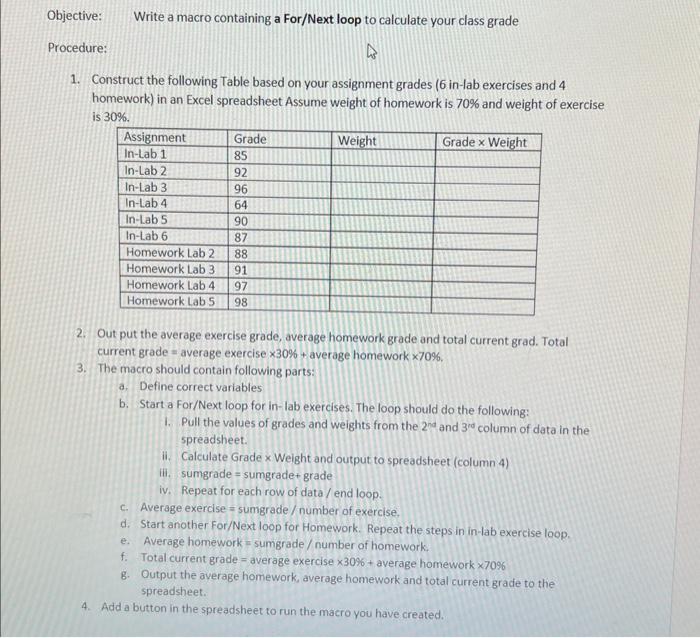 Objective: Write a macro containing a For/Next loop | Chegg.com