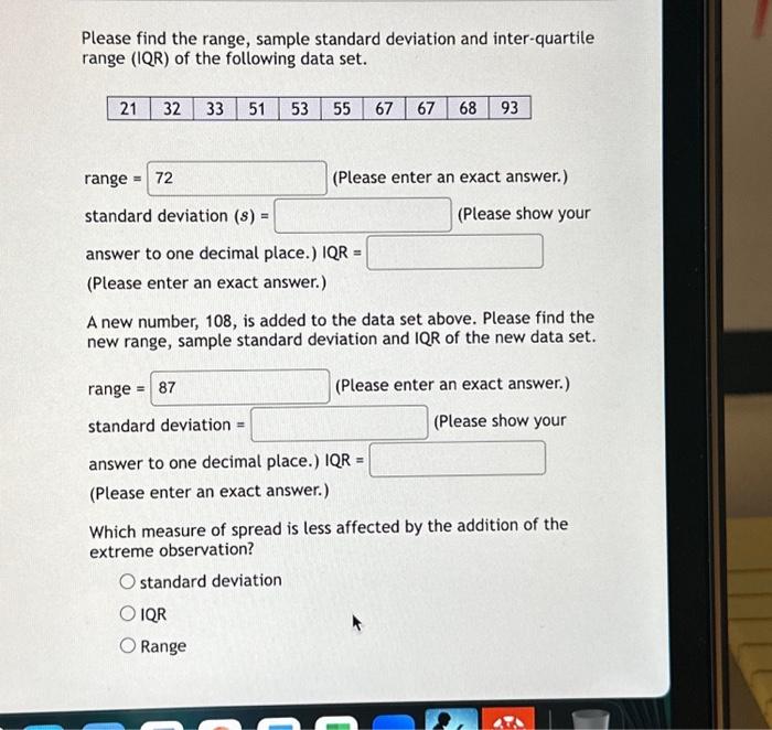 Solved Please find the range, sample standard deviation and | Chegg.com