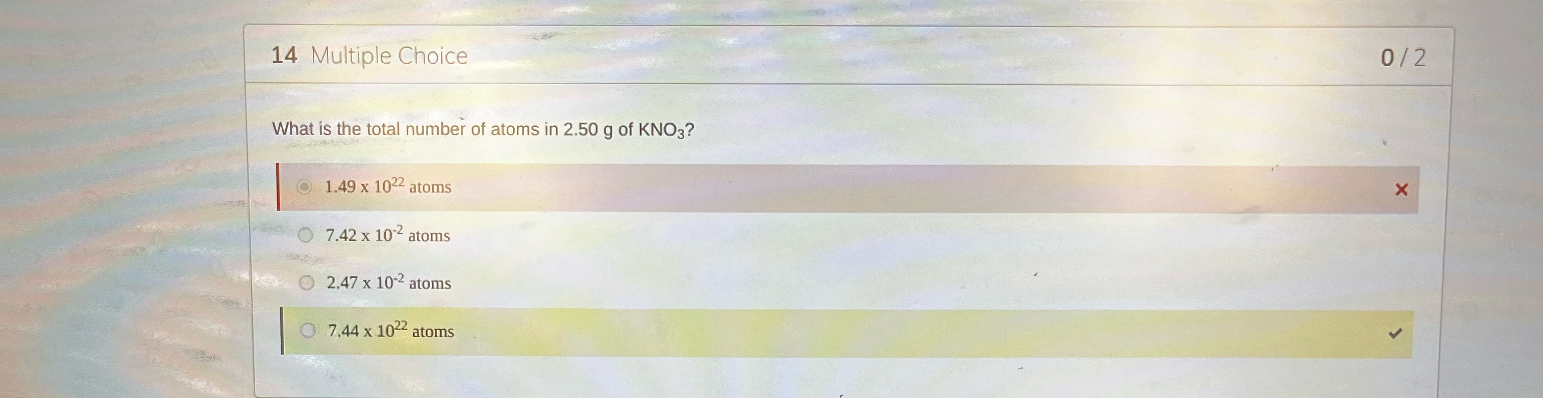 Solved 14 ﻿Multiple ChoiceWhat is the total number of atoms | Chegg.com