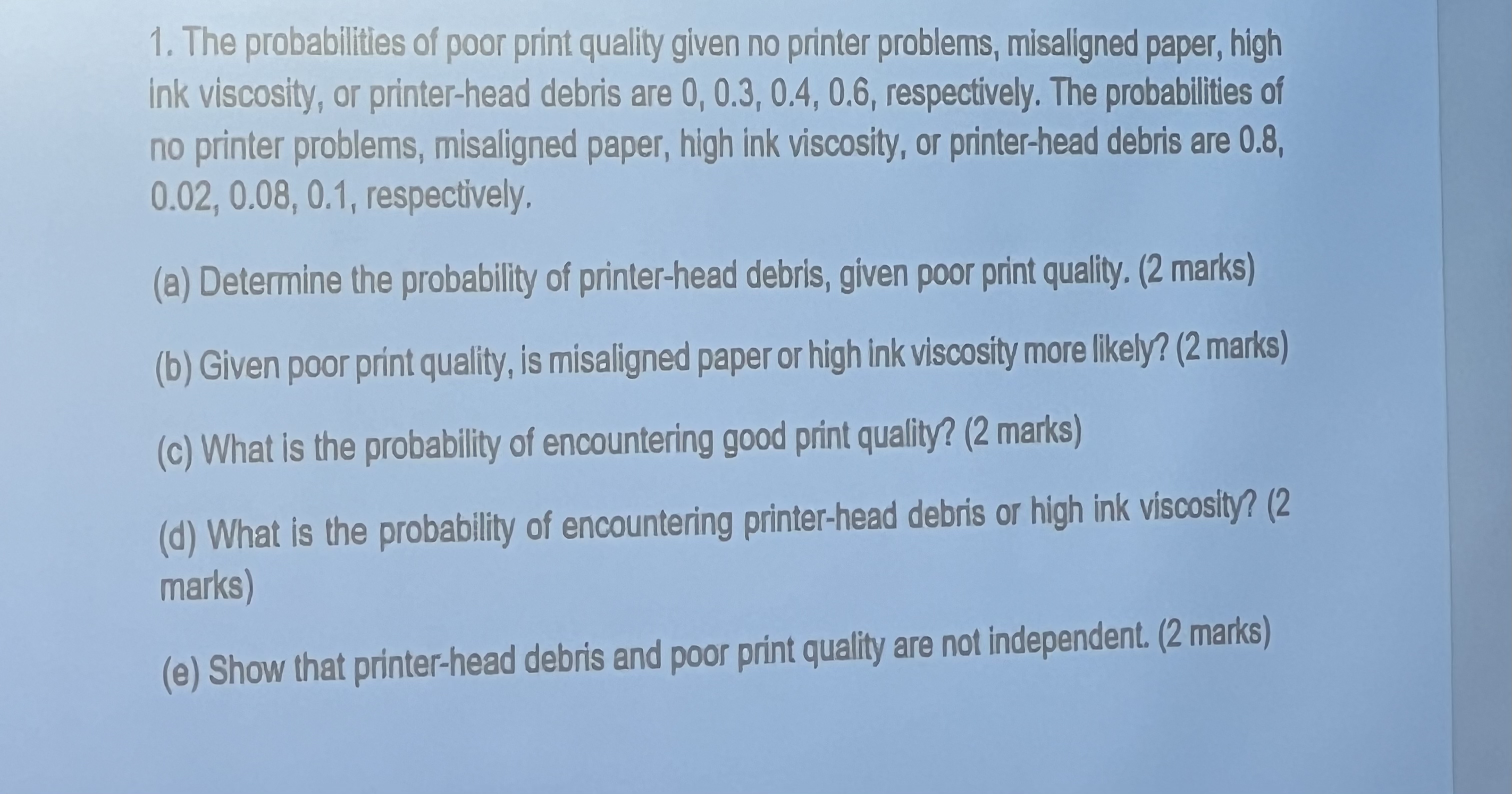 Solved The probabilities of poor print quality given no | Chegg.com