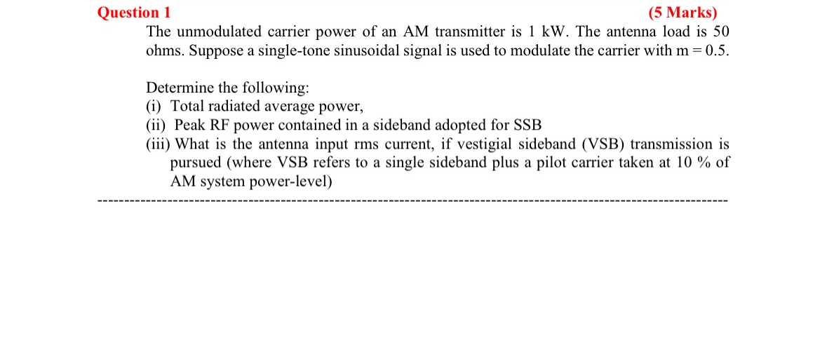 Solved Question 1(5 ﻿Marks)The unmodulated carrier power of | Chegg.com