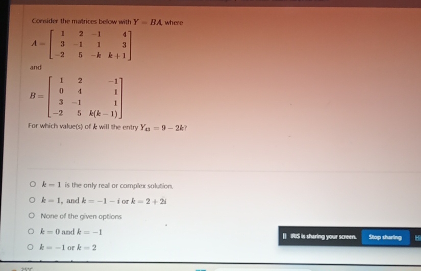 Solved Consider the matrices below with Y=BA, | Chegg.com