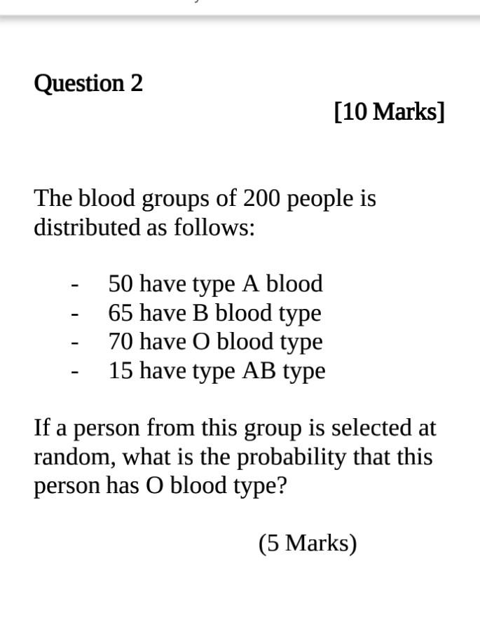 Solved Question 2 [10 Marks] The blood groups of 200 people | Chegg.com