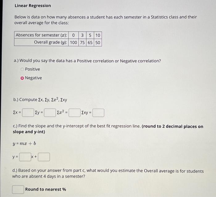 Solved Linear Regression Below is data on how many absences | Chegg.com
