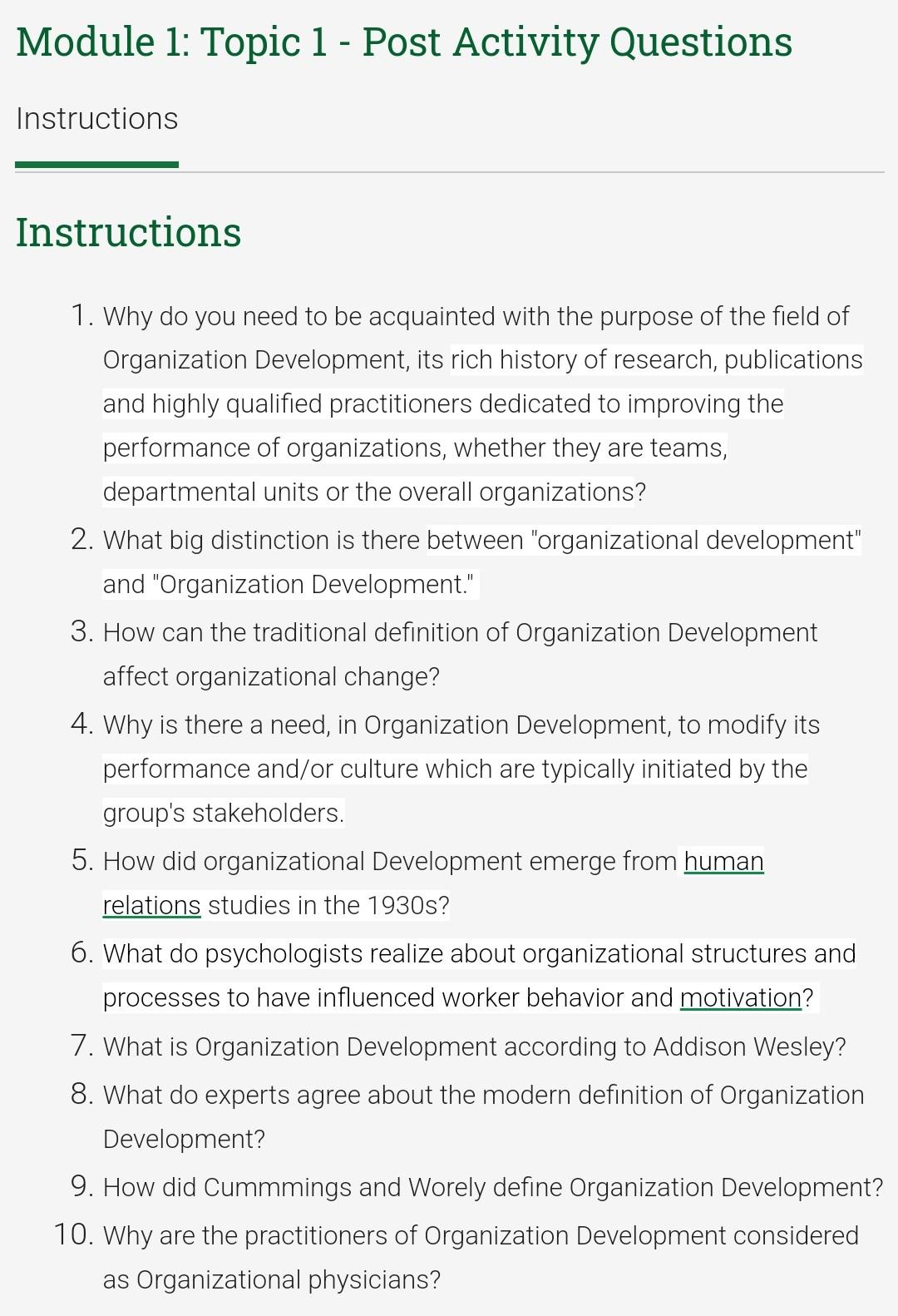 Solved Module 1: Topic 1 - Post Activity Questions | Chegg.com