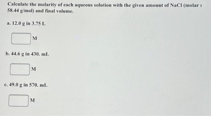 Solved Calculate the molarity of each aqueous solution with | Chegg.com