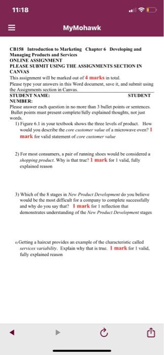 Solved 11:18 . MyMohawk CBIS Introduction to Marketing | Chegg.com
