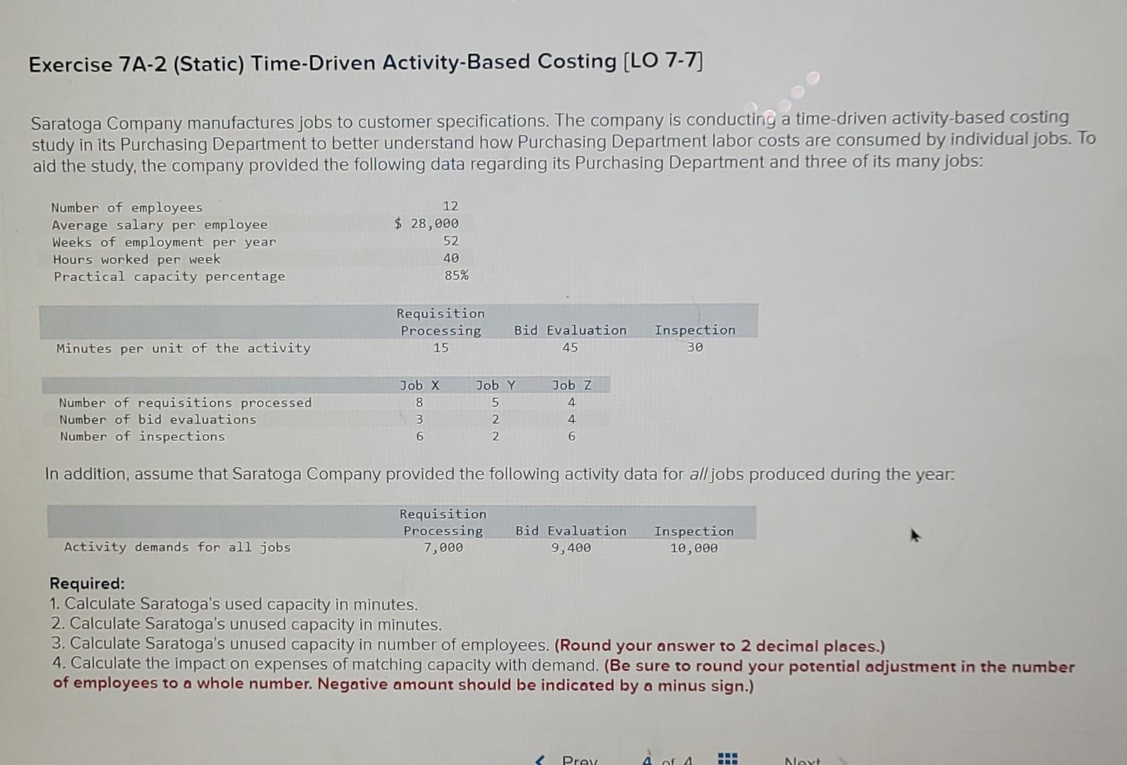 Solved Exercise 7A-2 (Static) Time-Driven Activity-Based | Chegg.com