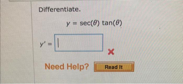 Solved Differentiate. y=sec(θ)tan(θ) y′= | Chegg.com