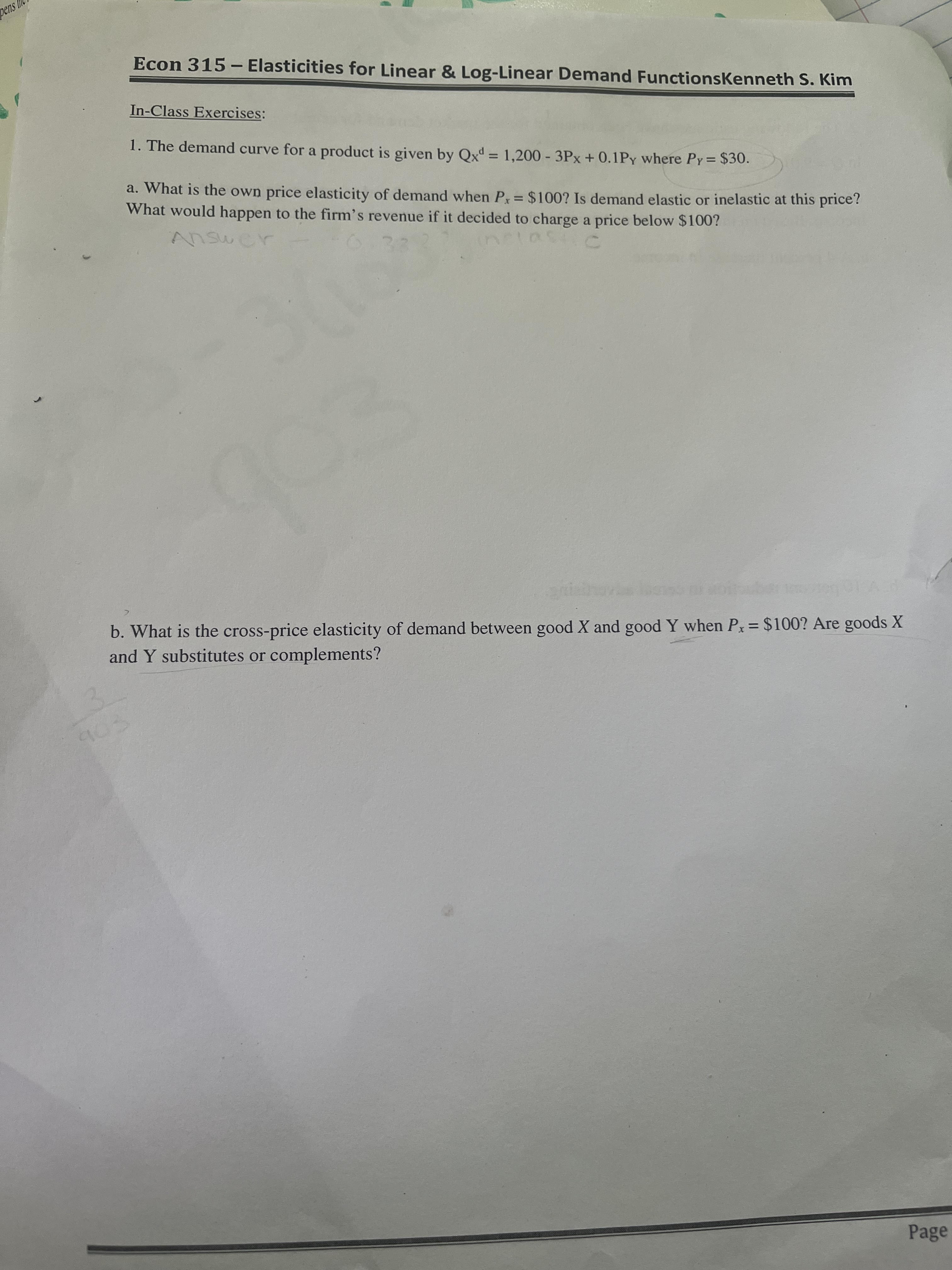 Solved Econ 315 - ﻿Elasticities for Linear & Log-Linear | Chegg.com