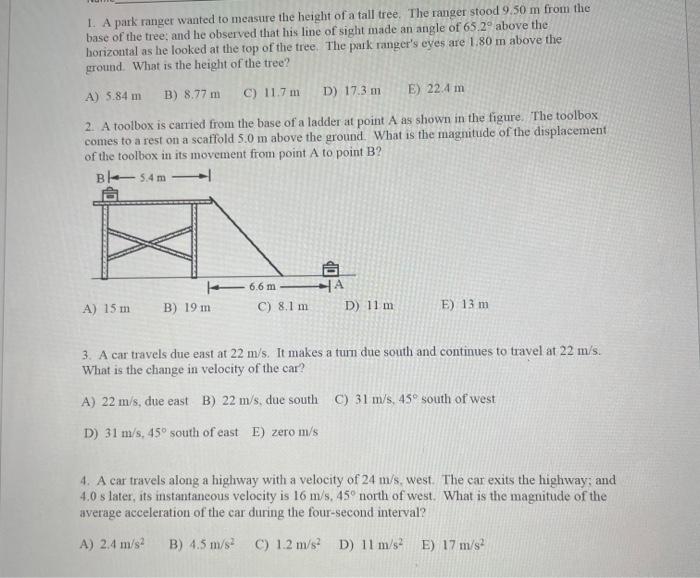 Solved 1. A park ranger wanted to measure the height of a | Chegg.com