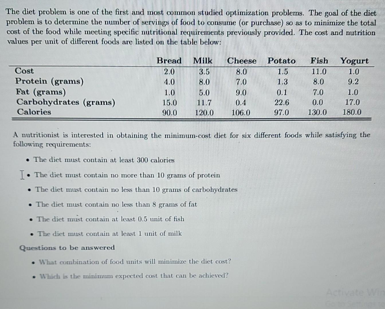 Solved The diet problem is one of the first and most common | Chegg.com